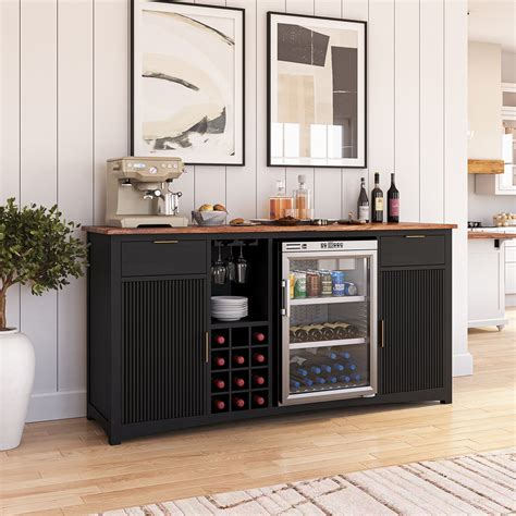 84 Inch Gary Modern Black Bar Cabinet With Mini Fridge Space Home Bar Cabinet Coffee Bar Home