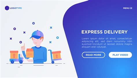 특급 배송 개념 택배 와 택배 얇은 라인 아이콘 소포 트럭 배달 파견 손 트럭 벡터 일러스트레이션 복사 공간이 있는 웹 페이지 템플릿입니다 검색에 대한 스톡 벡터 아트 및