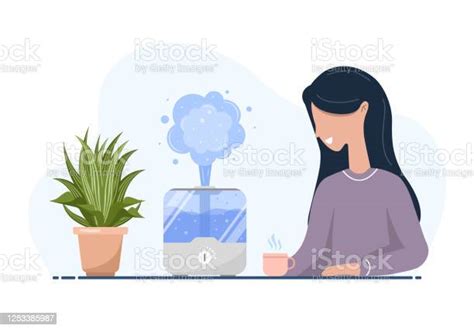 집 식물초음파 공기 가습기 여자는 집에서 신선한 촉촉한 공기를 즐긴다 건강한 라이프스타일을 위한 가전 제품 평면 만화 스타일의 현대 벡터 일러스트레이션 가습기에 대한 스톡