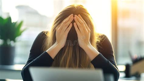 Generative Ai Frustrated Woman Holding Her Head In Despair While Working On A Laptop In A