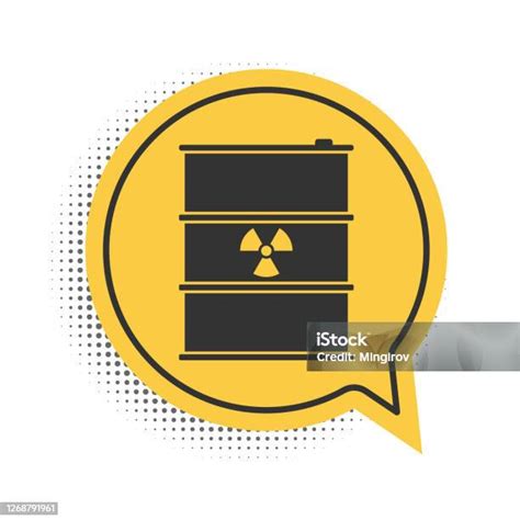 흰색 배경에 고립 된 배럴 아이콘의 검은 방사성 폐기물 방사성 쓰레기 배출 환경 오염 생태 재해의 위험 노란색 음성 버블