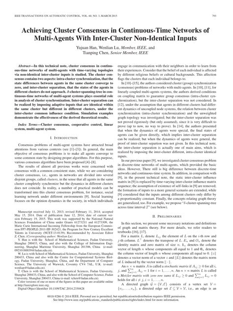 Pdf Achieving Cluster Consensus In Continuous Time Networks Of Multi Agents With Inter Cluster