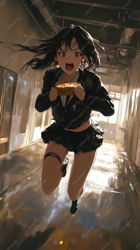 Anime Girl Running In A Hallway Holding A Slice Of Cake Premium Ai
