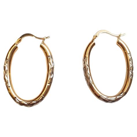 14k Yellow Gold Two Tone Oval Hoop Earrings 17518 For Sale At 1stdibs