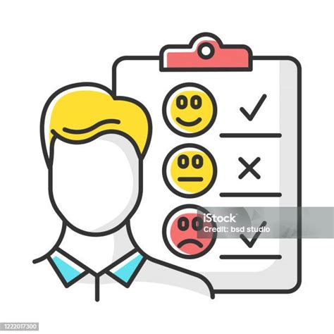 개인 인터뷰 색상 아이콘입니다 설문지 양식 고객 서비스 평가 검토 피드백 직원 만족도 감정적 인 의견 데이터 수집 격리 벡터 일러스트레이션 개념에 대한 스톡 벡터 아트 및