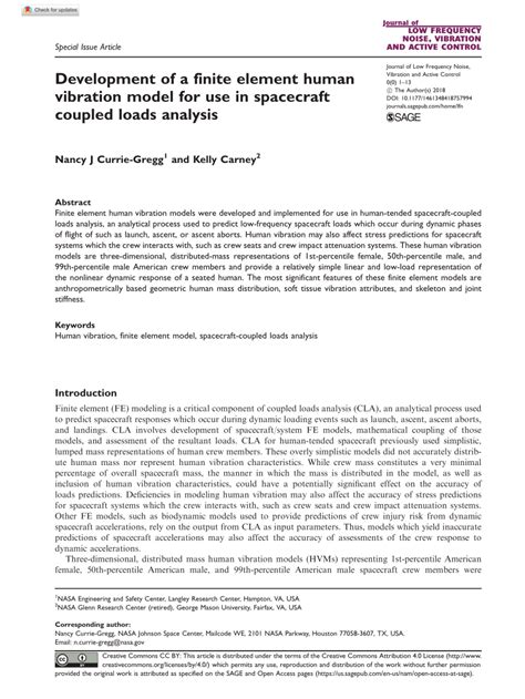 Pdf Development Of A Finite Element Human Vibration Model For Use In Spacecraft Coupled Loads