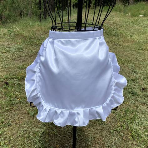 White Satin Ruffled Half Apron French Maid Style Old Fashioned Lace