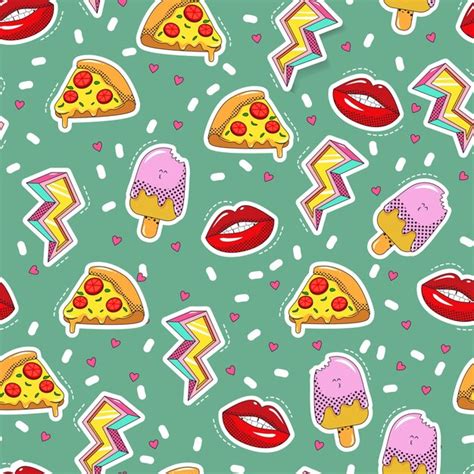 만화 스타일의 패턴입니다 입술 피자 아이스크림 프리미엄 벡터