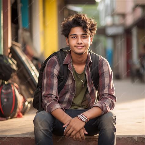 An Indian College Boy Happy And Smiling In College Premium Ai