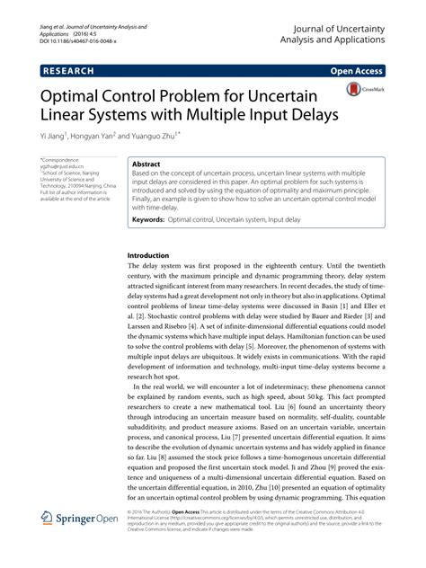 Pdf Optimal Control Problem For Uncertain Linear Systems With