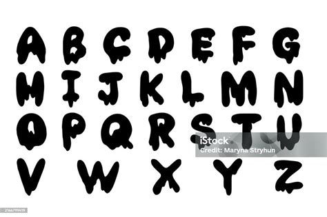 할로윈 흐르는 알파벳 슬라임 효과 편지 Fon 편지 인쇄 Abc 부주의 한 붓놀림과 물방울 손으로 쓴 벡터 어둡고 무서운 서예 낙서 스타일로 설정 개체 그룹에 대한 스톡