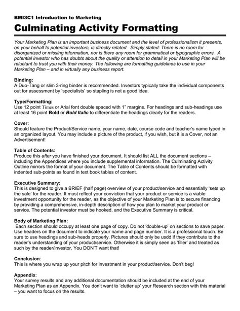 Culminating Activity Formatting