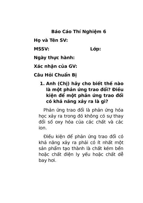 Báo Cáo Thí Nghiệm Chuẩn bị trước thực hành Báo Cáo Thí Nghiệm Họ và Tên SV MSSV Lớp
