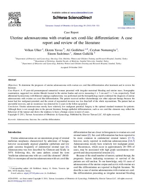 Pdf Uterine Adenosarcoma With Ovarian Sex Cord Like Differentiation A Case Report And Review