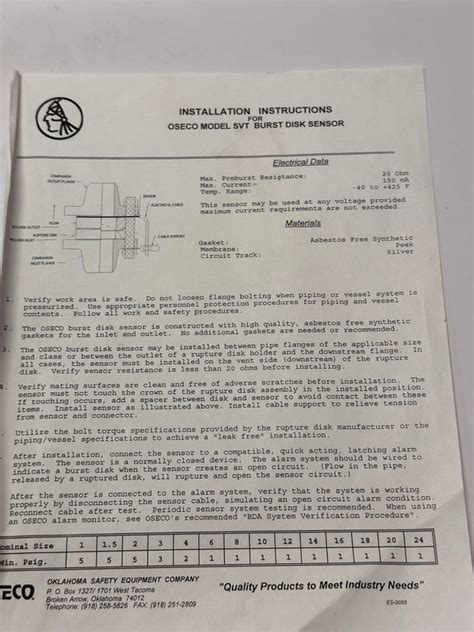 Oseco Burst Disk Sensor Svt Size 2 Ansi Rating 150 Mining And Industrial Surplus