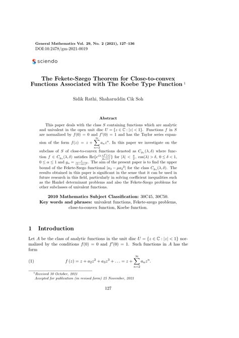 Pdf The Fekete Szego Theorem For Close To Convex Functions Associated
