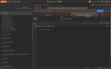 Generate Code Snippets Not Functioning With Parametrised Values In Uri