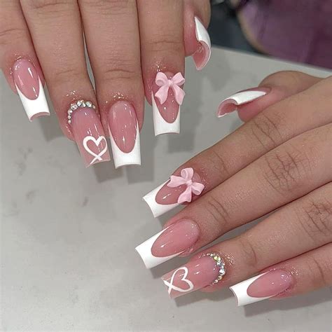 24pcs French Tip Press On Nails Medium Square Fake Nails Cute Bow