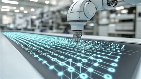 Robotic Arm With Digital Grid On Futuristic Display Stock Illustration