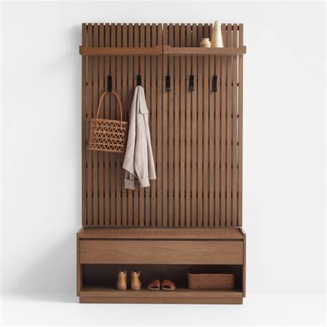 Batten Brown Oak Storage Bench And Panel Set With Flat Shelf And Coat