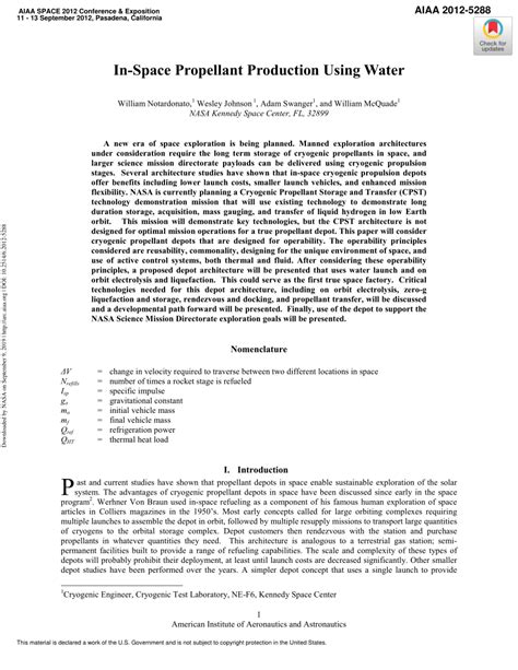 Pdf In Space Propellant Production Using Water