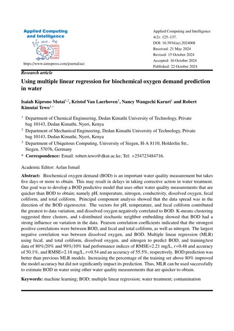 Pdf Using Multiple Linear Regression For Biochemical Oxygen Demand
