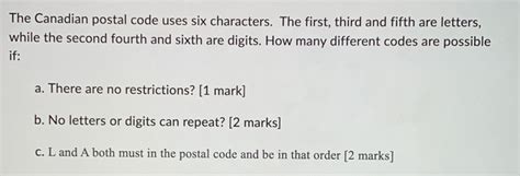 Solved The Canadian Postal Code Uses Six Characters The First Third And Fifth Are Letters