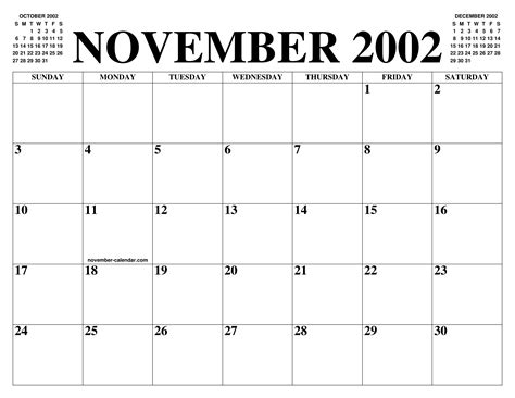 November 2002 Calendar Of The Month Free Printable November Calendar