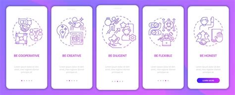 직원 경력 발전 보라색 온보딩 모바일 앱 페이지 화면 개념이 있는 성공 연습 5단계 그래픽 지침 선형 컬러 일러스트레이션이 있는 Ui Ux Gui 벡터 템플릿