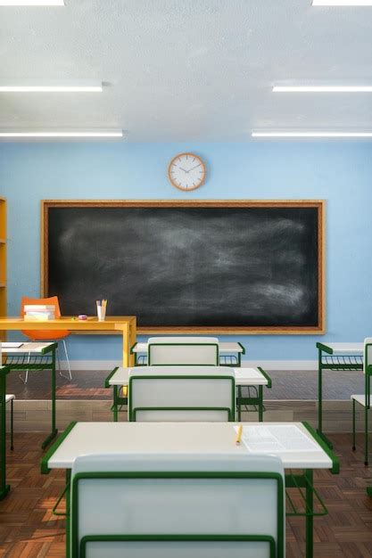 Premium Photo Interior Of Sunlit Classroom With Chalkboard 3d Render