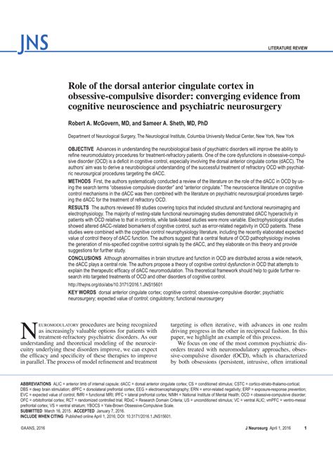 Pdf Role Of The Dorsal Anterior Cingulate Cortex In Obsessivecompulsive Disorder Converging