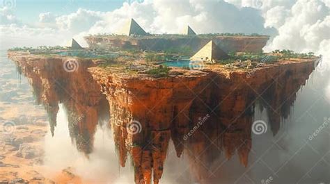 Dreamlike Desert Landscape With Floating Islands And Pyramids Stock