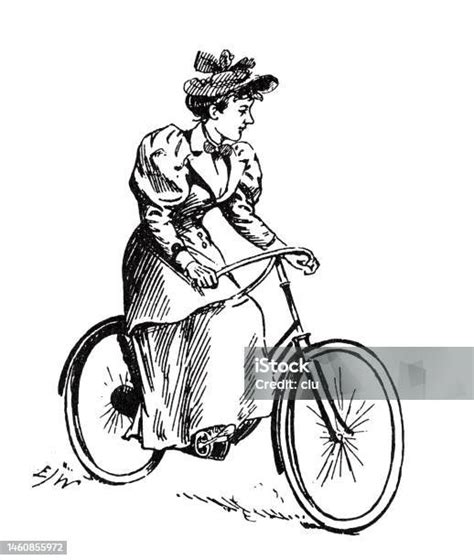 자전거를 타고 모자를 쓴 젊은 여자 흰색 배경 기울어진 측면 보기 두발자전거에 대한 스톡 벡터 아트 및 기타 이미지 두발자전거 자전거 타기 빅토리아 스타일 Istock