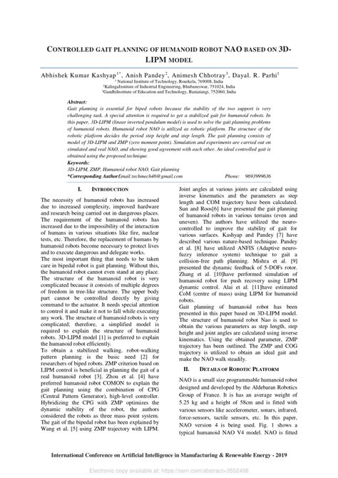 PDF Controlled Gait Planning Of Humanoid Robot NAO Based On D LIPM Model