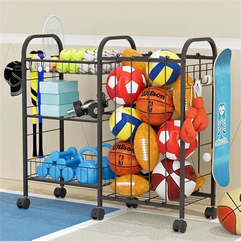Ball Storage Rack Sports Ball Storage Cart With 6 Wheels Elastic