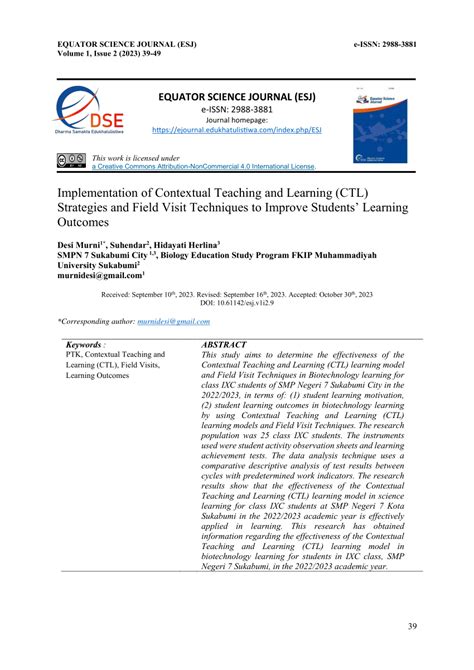 Pdf Implementation Of Contextual Teaching And Learning Ctl Strategies And Field Visit