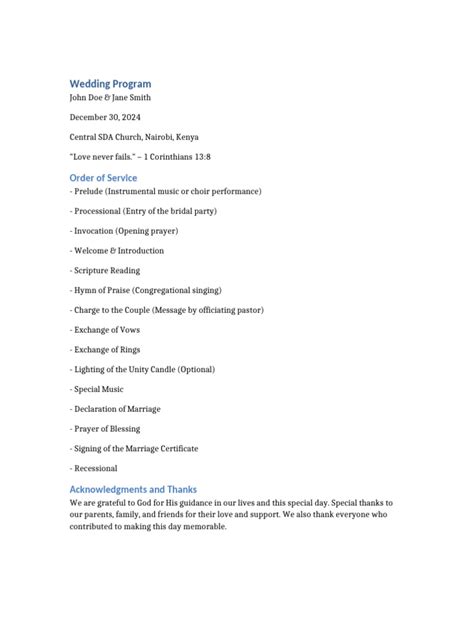 Sda Wedding Program Outline Pdf