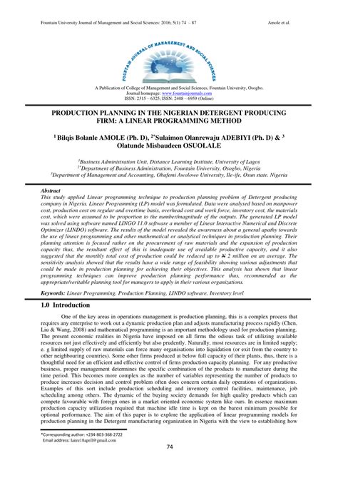 Pdf Production Planning In The Nigerian Detergent Producing Firm A