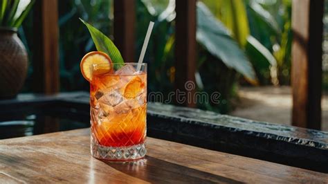Refreshing Cocktail Standing On Wooden Table In Tropical Setting Stock