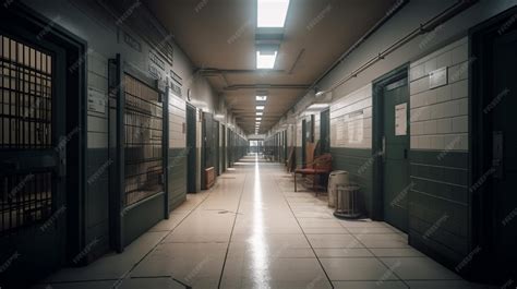 Premium Ai Image A Long Hallway With Green Doors And White Sign That Saysprison