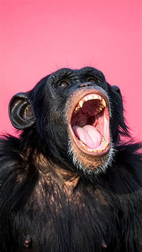 Portrait Of A Chimpanzee Showing His Teeth Open Mouth Stock