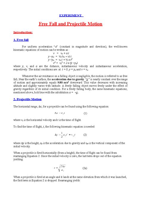 Lab Free Fall And Projectile Motion EXPERIMENT Free Fall And Projectile Motion