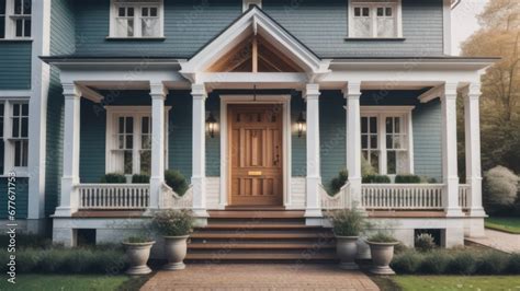 Main Entrance Door In House Wooden Front Door With Gabled Porch And