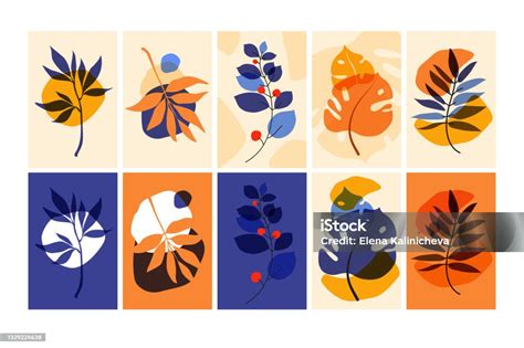 잎이있는 조성물 집합입니다 생태 스타일의 디자인을위한 트렌디 한 콜라주 엽서 또는 브로셔 디자인의 벡터 일러스트레이션입니다 플랫 0명에 대한 스톡 벡터 아트 및 기타 이미지
