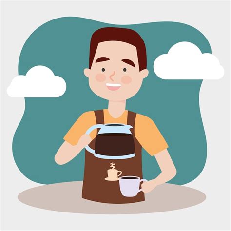 행복한 바리스타 남자 일러스트 디자인 프리미엄 벡터