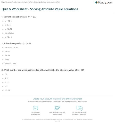 Absolute Value Equations Worksheet