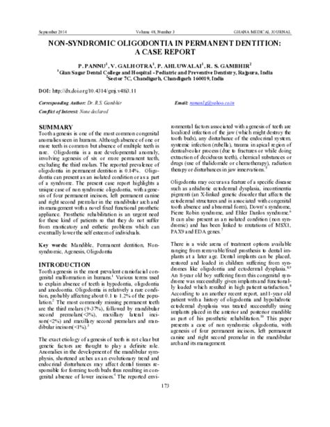 Pdf Non Syndromic Oligodontia In Permanent Dentition A Case Report