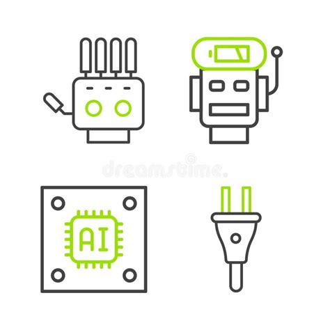Set Line Electric Plug Processor With Microcircuits Cpu Robot Low