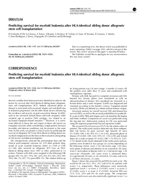 Pdf Predicting Survival For Myeloid Leukemia After Hla Identical