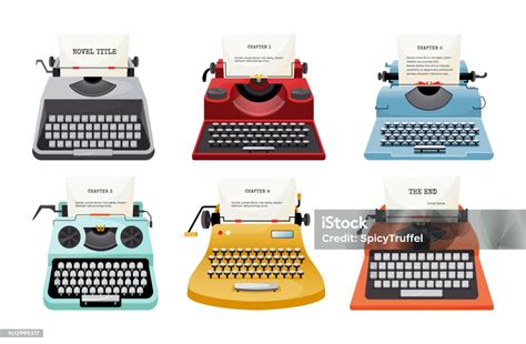 복고풍 타자기 카피라이터 각본 뉴스 작가 및 스토리 텔링을위한 빈티지 브랜드 시인 시나리오 작가 및 소설가 장비 아이콘 격리된